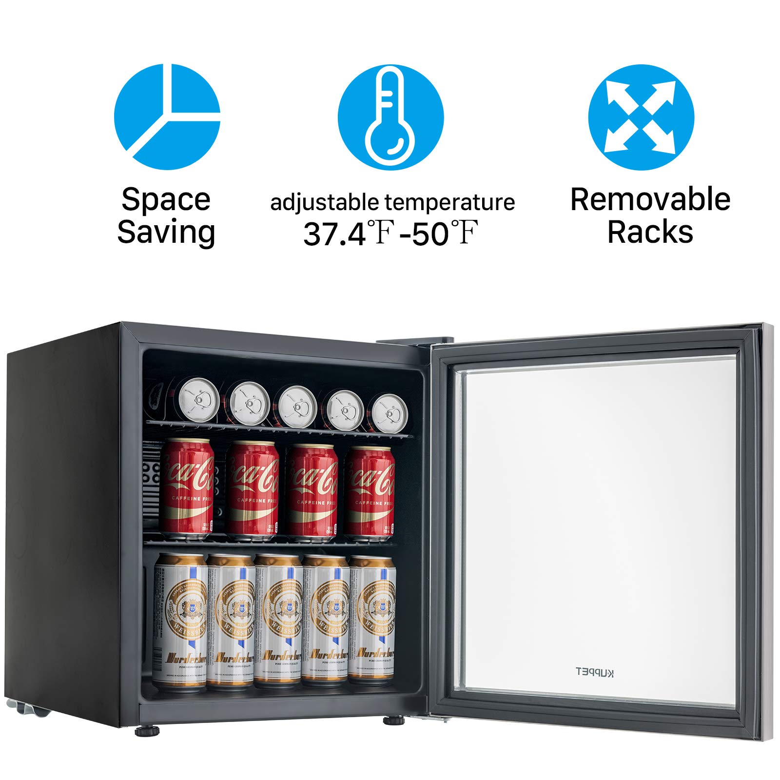 KUPPET Mini Fridge Cooler - 62 Can Beverage Refrigerator Glass Door for Beer Soda or Wine, Glass Door Small Drink Dispenser Machine Clear Front Removable for Home, Office or Bar, 1.6Cu.Ft