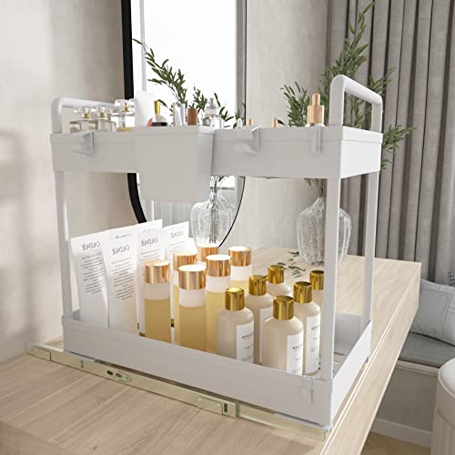 DonYeco Under Sink Organizer, 2 Tier Bathroom Storage Rack, Under-Mount Sliding Drawer Slides,White