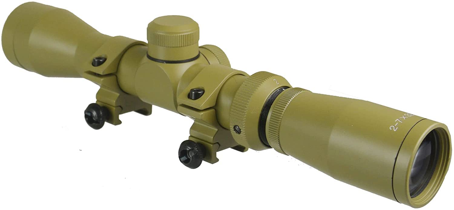 DB TAC INC Tan Color 2-7x32 Long Eye Relief Scout Scope with Weaver Scope Rings, Tan Dark Earth Anodized, Blue