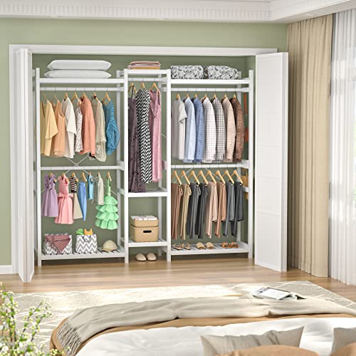 Homykic Bamboo Clothes Rack, Large Closet System Clothing Rack for Hanging Clothes, Freestanding Garment Rack with Shelves and 5 Rods, Open Wardrobe Organizer with 4 Hooks, 70”Wx77”H, White