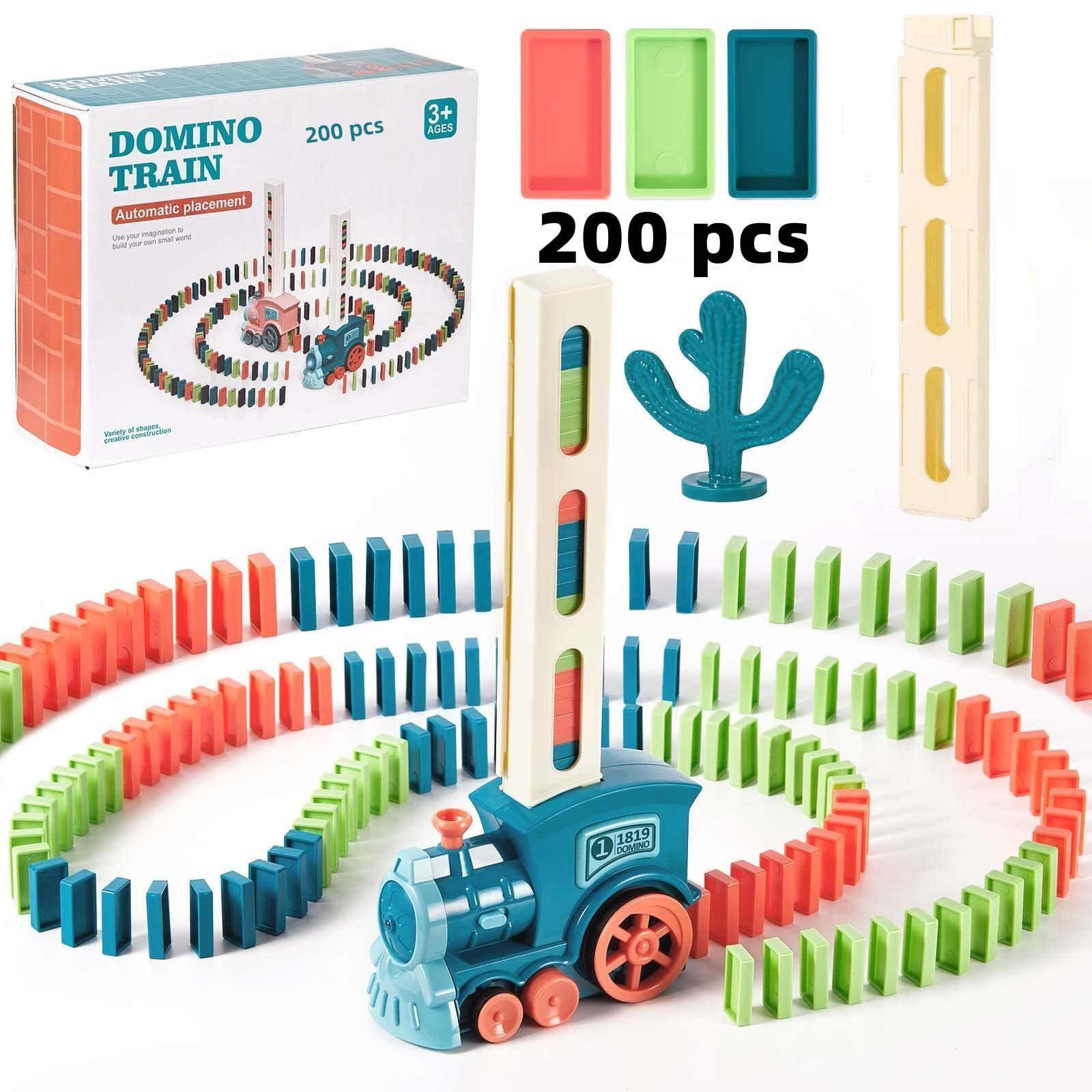 DAWUSU 200 PCS Automatic Domino Train Toy Set,Fun Domino Games for Kids,Domino Games for Boys and Girls Age 3-8