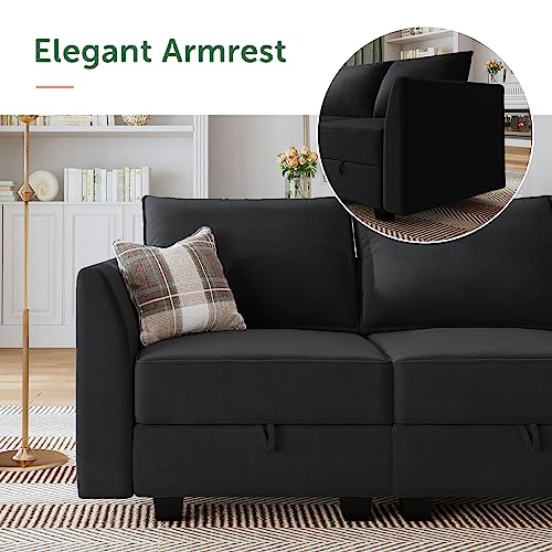 HONBAY Convertible Sectional Sofa Velvet U Shaped Couch with Reversible Chaise Modular Sectional Couch 6 Seater Sofa with Storage Seat, Black