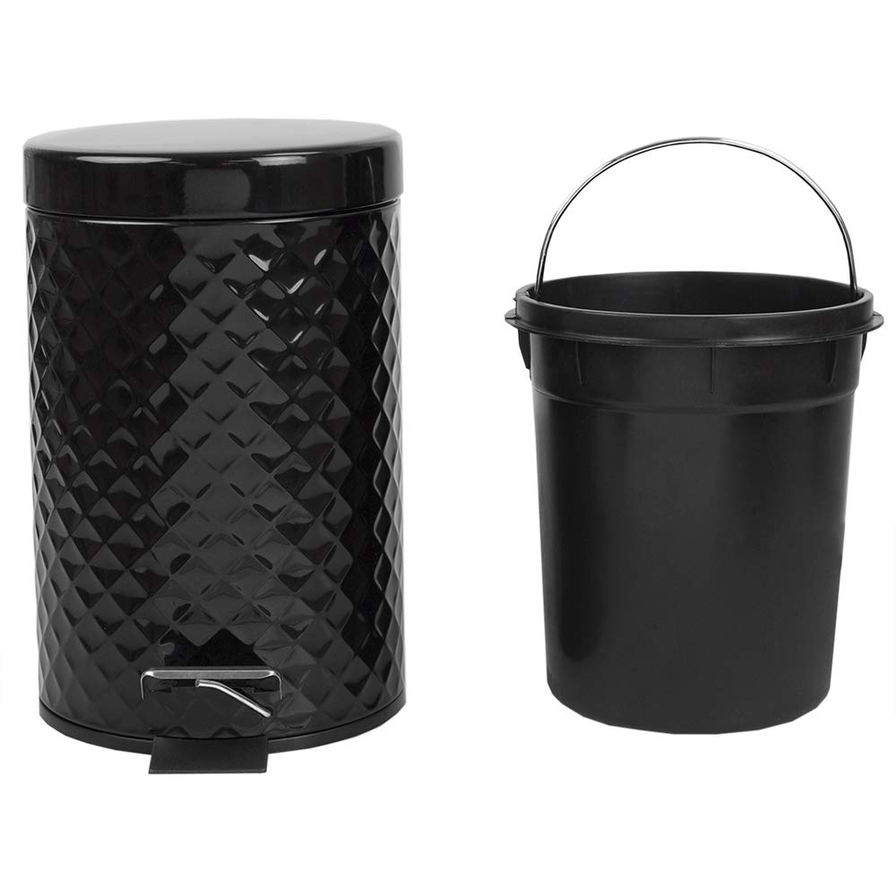 Home Basics 3 Liter Pedal Activated Textured Small Steel Waste Bin, Black Soft Lid Closure, Removable Plastic Liner, and Portable Carrying Handle, (2PACK)
