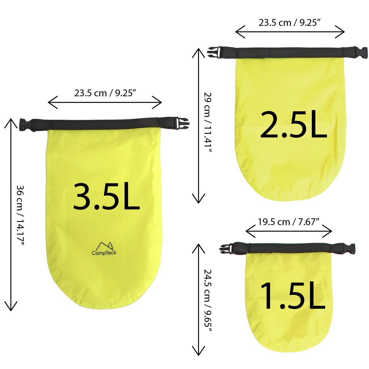 CampTeck 1.5L, 2.5L & 3.5L Dry Sack Water Resistant Storage Dry Bag for Camping, Rafting, Fishing, Canoeing, Boating, Kayaking, Snowboarding etc. โ Neon Green