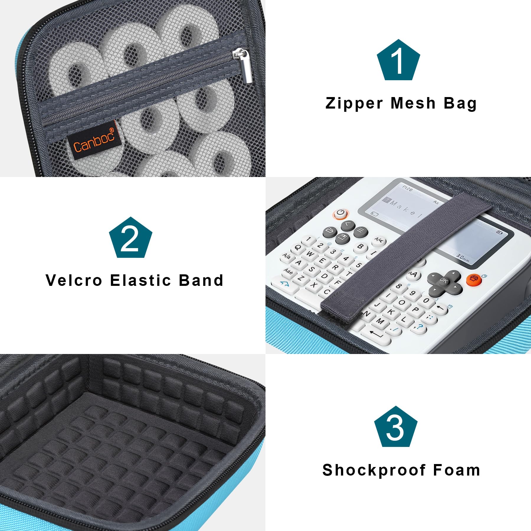 Canboc Carrying Case for Makeid E1 Portable Label Maker, Bluetooth Thermal Printer Box, Zipper Mesh Bag fits Sticker Labels and Charging Cord, Blue