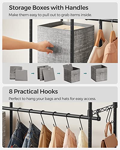 SONGMICS Garment Rack Heavy Duty Clothes Rack, Freestanding Portable Wardrobe Closet for Hanging Clothes with 2 Storage Boxes, 8 Hooks, Adjustable Wire Shelves, 2 Hanging Rods, Black ULGR422B01