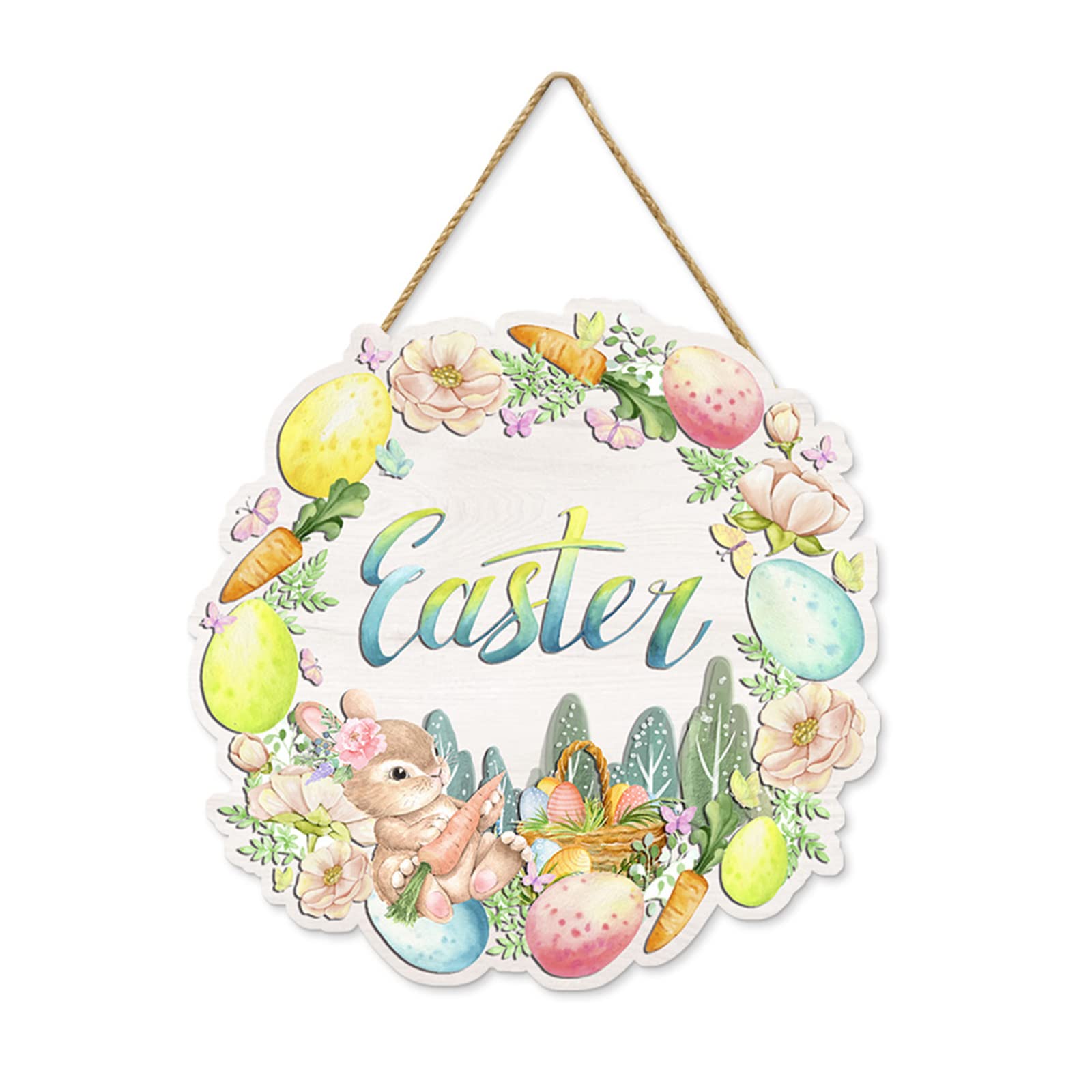 Easter Decorations for the Home, Cute Bunny Colorful Eggs Wooden Hanging Sign, Handmade Welcome Door Hange for Front Porch Window Wall Farmhouse Indoor Outdoor