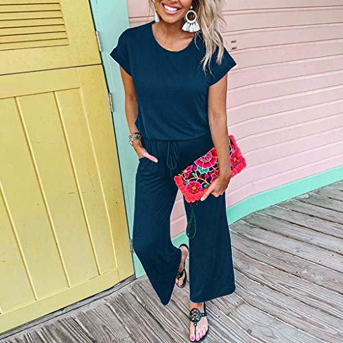 Mitiy Women's Short Sleeve Loose Wide Legs Casual Jumpsuits with Pockets