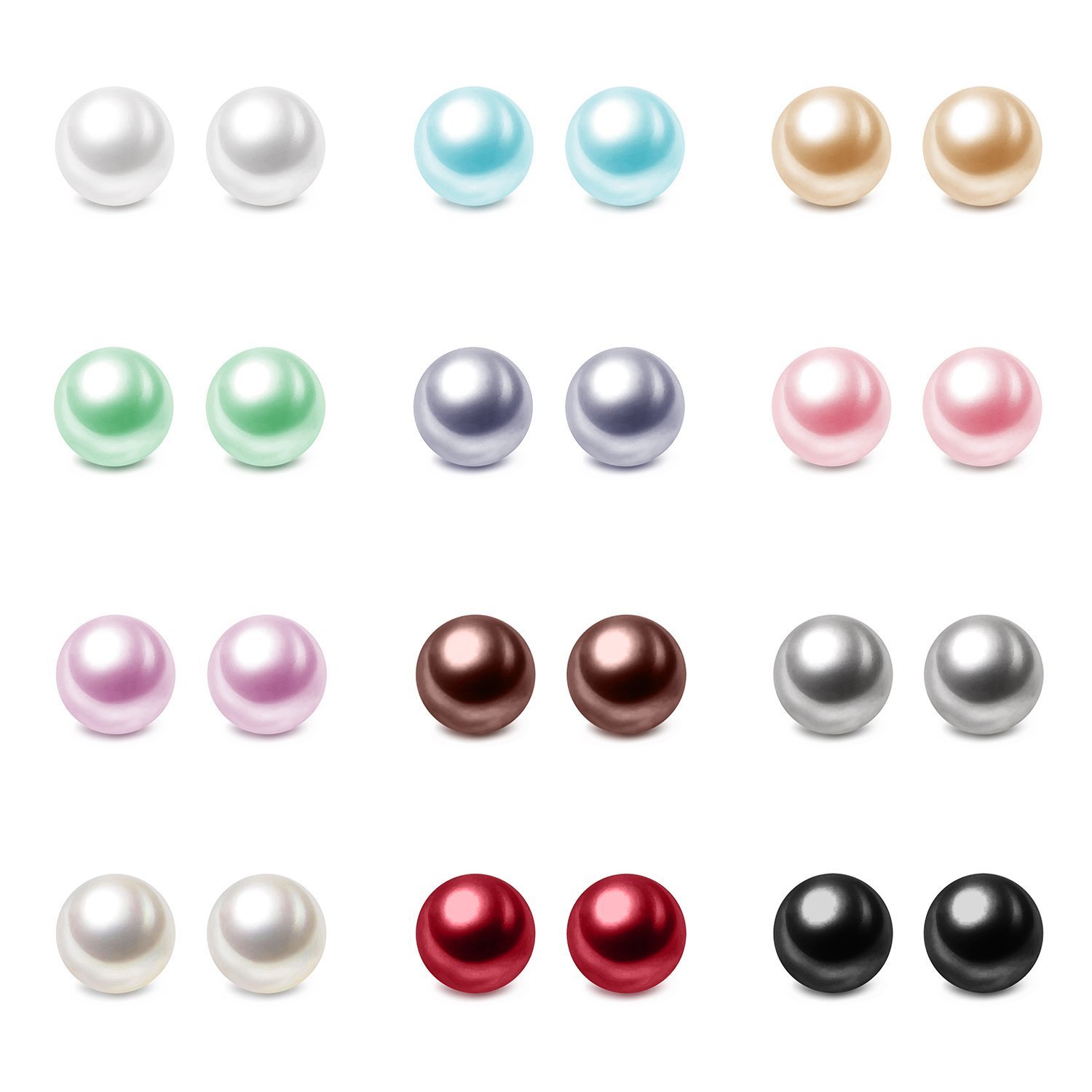 Charisma 6mm Composite Pearl Earrings Round Ball Pearls Stud Earrings Hypoallergenic 12 Pairs Mixed Color Imitation Pearl Earrings Set for Women
