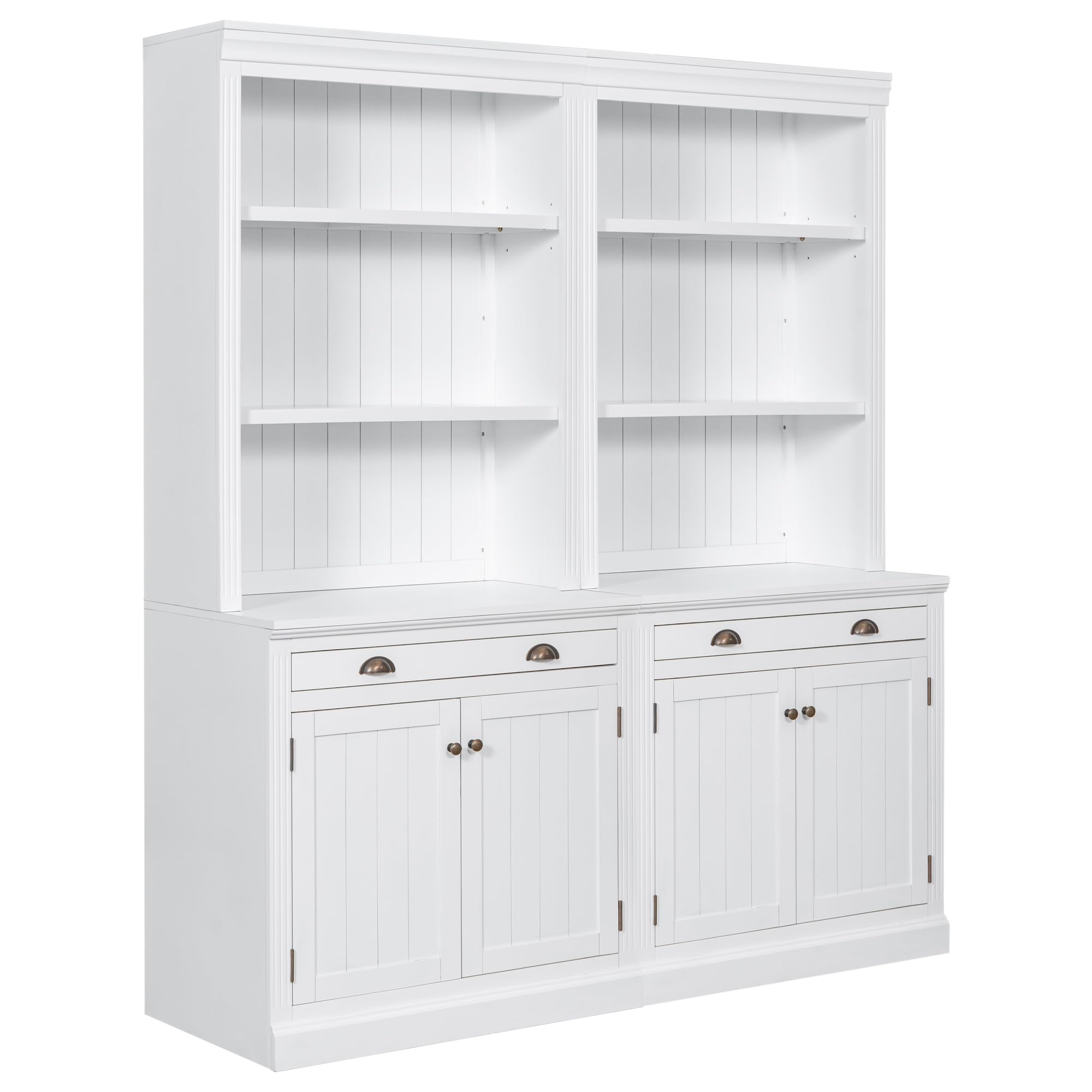 Linique 2PCS Modern Tall Bookshelf with LED Lights, Drawers, Open Shelves & Doors, Storage Bookcase with Adjustable Shelves for Living Room, Bedroom, Home Office, White