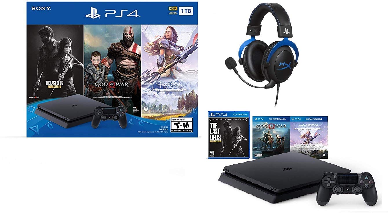 PlayStation 4 Slim 1TB Console + HyperX Cloud Licensed Gaming Noise Cancelling Headset Headphones + 3 Games (God of War, The Last of US, Horizon Zero Dawn) Bundle