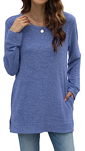 LERUCCI Women's Casual Loose Fall Sweatshirt Long Sleeve Crewneck Pullover Side Split Tunic Tops With Pockets Blue XL