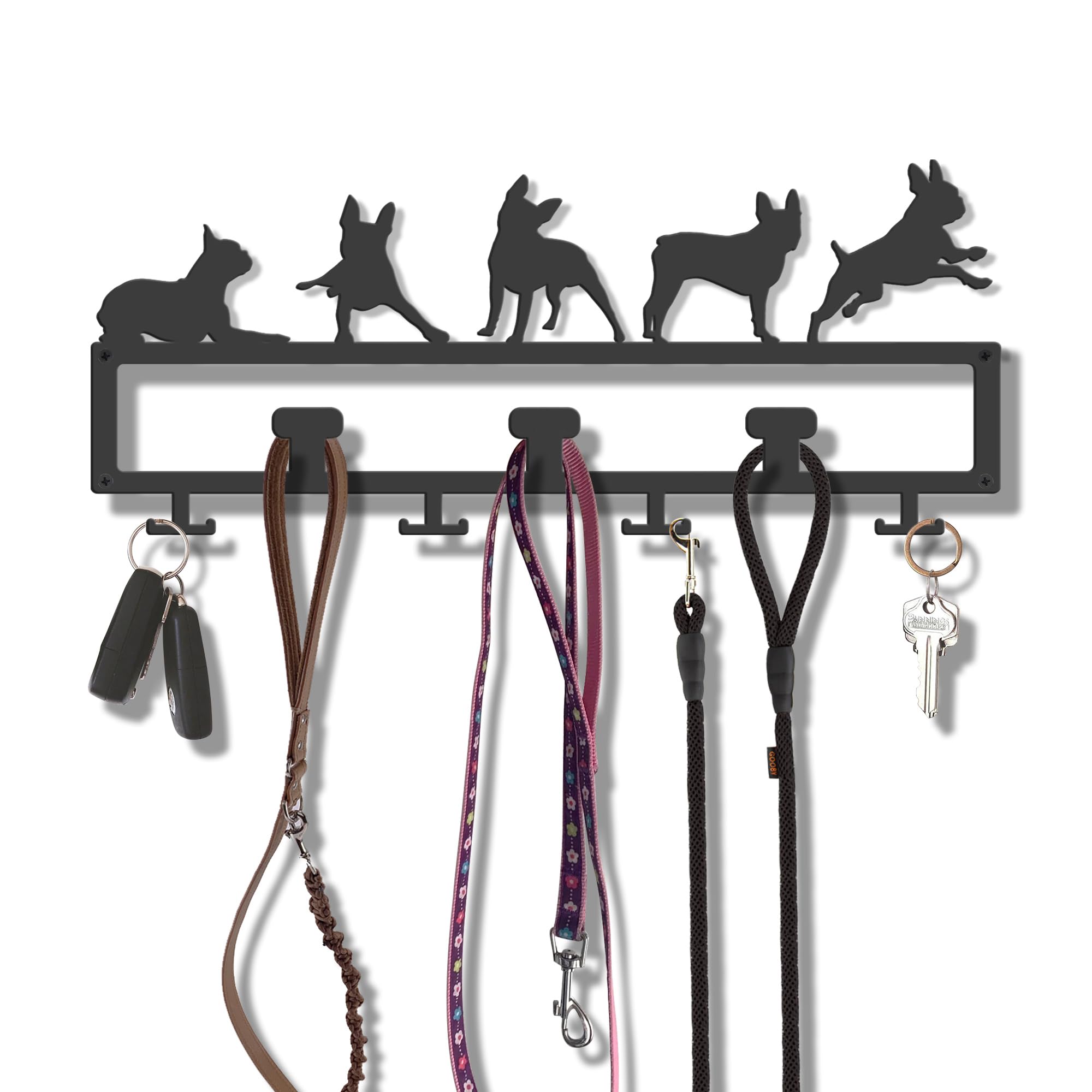 Dog Leash and Collar Holder, Entryway Wall Mounted Dog Accessories Stuff Storage, Dog Leash Hanger Organizer Hook, Key Rack for Dog Mom Lover (Boston Terrier)
