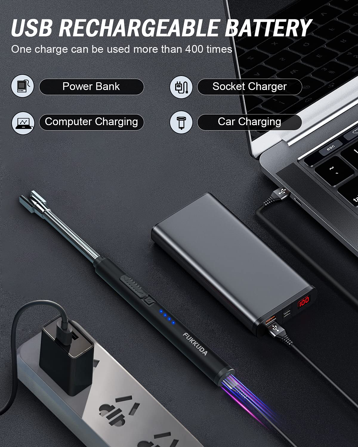 Candle Lighter Electric Arc Lighter with USB Rechargeable Battery Plasma Flameless & Windproof Lighters Double Safety Switch (Obsidian Black)