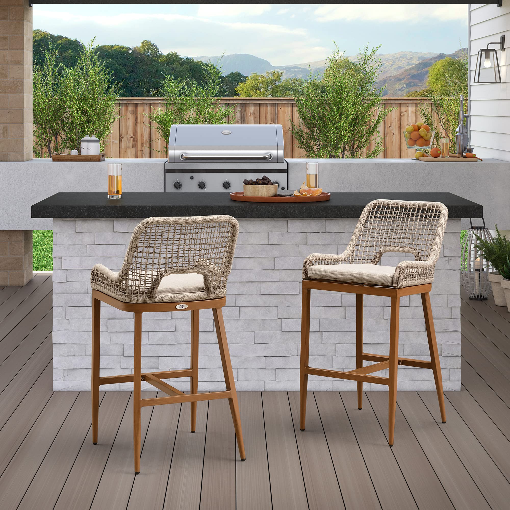 PURPLE LEAF Bar Stools Set of 2 Bar Height Metal Bar Chairs with Back Modern Tall Comfy Wicker Woven Boho Garden Pool Patio Outdoor Barstools