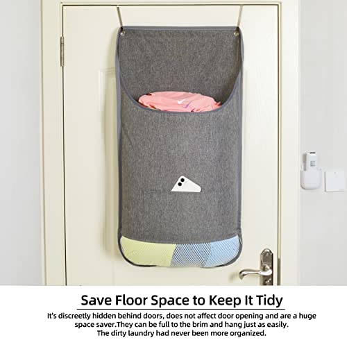 KOOZTI Hanging Laundry Hamper Bag, Over the Door Laundry Bag with U-Shaped Bottom Zipper Opening, Breathable Honeycomb Mesh window, Space Saving Laundry Bag with 2 Types of Hooks