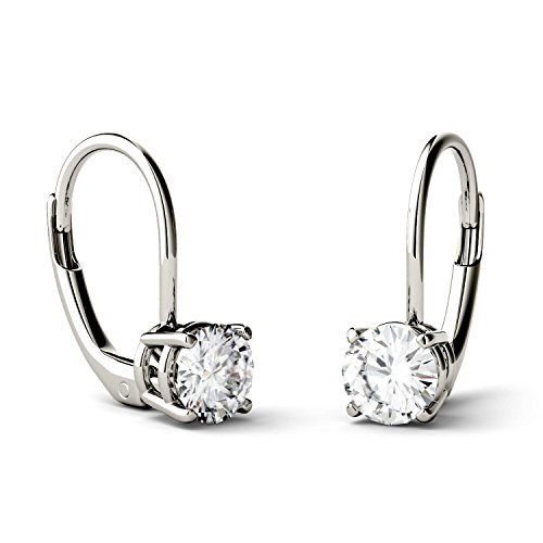Charles & Colvard Created Moissanite 5mm Round Cut Leverback Drop Earrings for Women | 1 cttw DEW | Lab Grown | Solid 14K White Gold with Rhodium