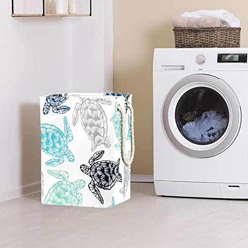 Inhomer Blue Green Black Grey Sea Turtles Pattern Large Laundry Hamper Waterproof Collapsible Clothes Hamper Basket for Clothing Toy Organizer, Home Decor for Bedroom Bathroom
