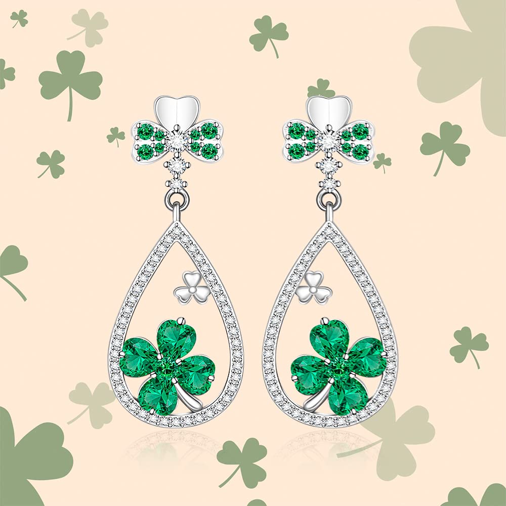 St Patricks Day Shamrock Earrings for Women Sterling Silver Studs Hypoallergenic Four Leaf Clover Green CZ Drop Dangle Earrings Jewelry Gifts