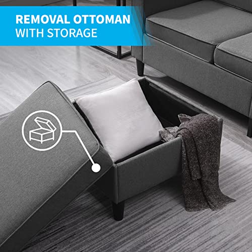 Horgaeo Convertible Sectional Sofa Couch, 3-Seat L-Shaped Couch with Storage Ottoman, Wooden Legs Modern Linen Fabric Reversible Chaise for Living Room, Bedroom, Apartment (Dark Grey) 78''