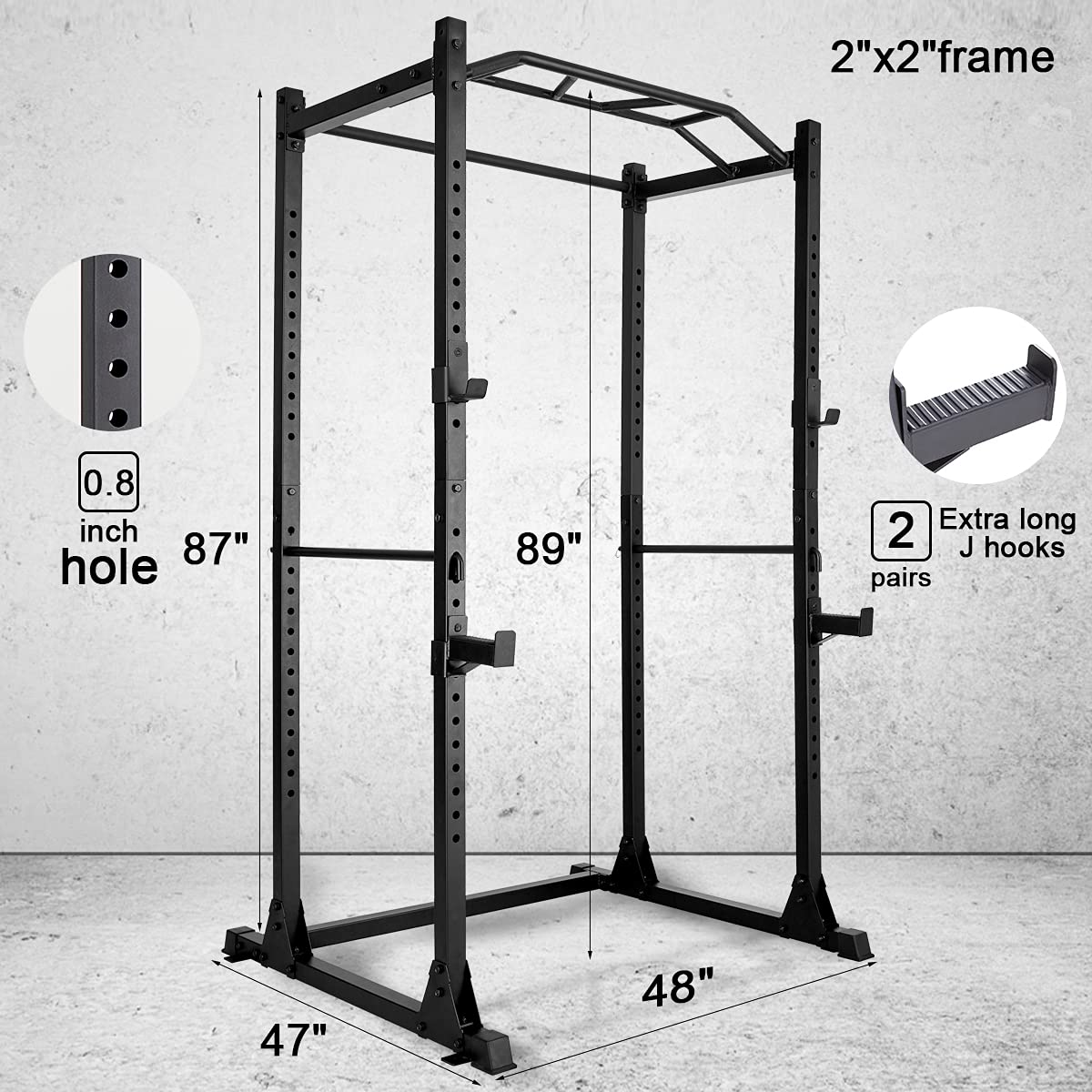 Power Rack Power Cage Workout Station Home Gym for Weightlifting Bodybuilding and Strength Training (1200lb Capacity with 2 Extra J-Hooks)