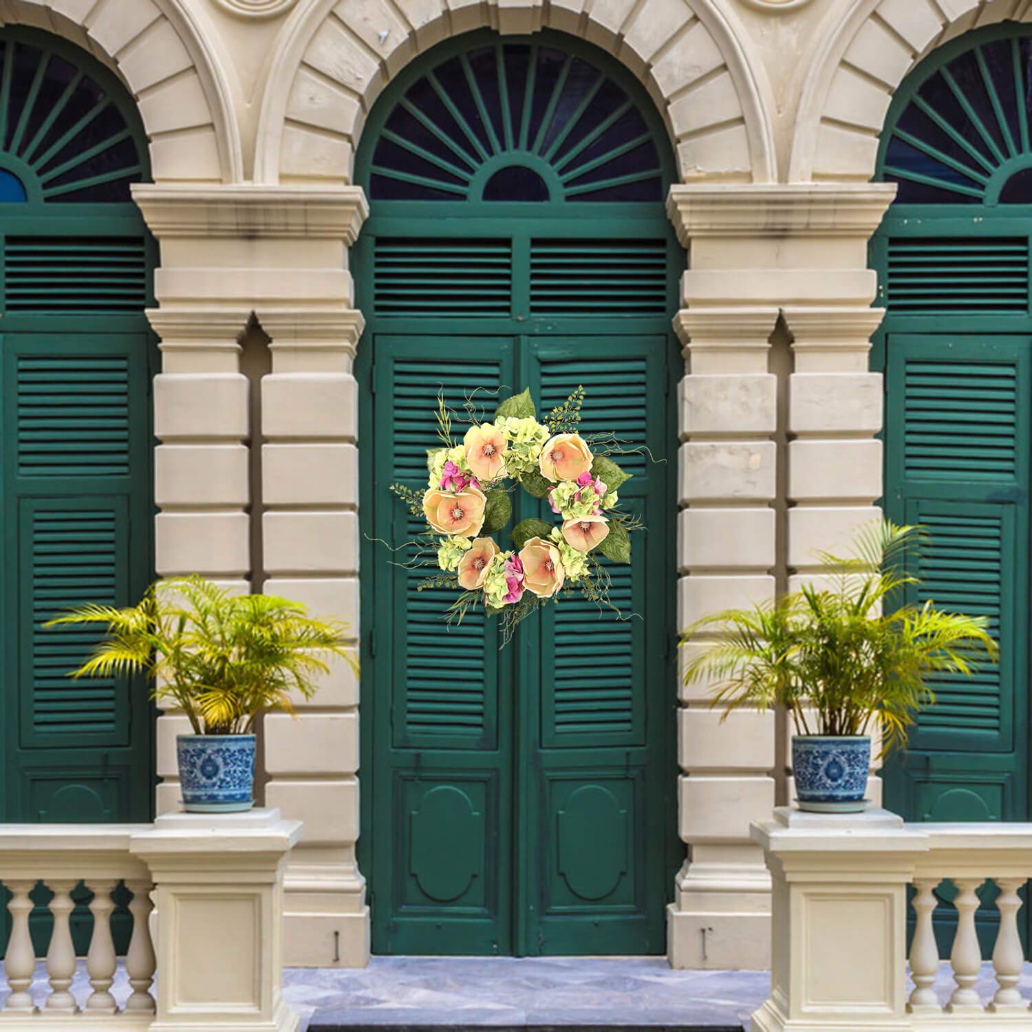 Cloris Art Summer Wreath for Front Door, 22 Inch Artificial Spring Wreath for Home Festival Wedding Party Farmhouse Outdoor Decor(Magnolia Hydrangea)
