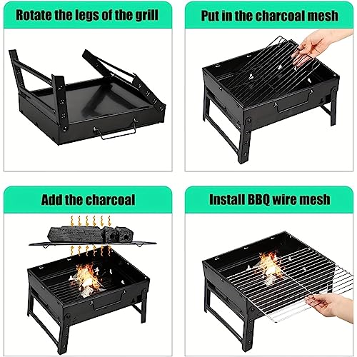 HOSEMN 2023 NEW Portable Folding Charcoal Grills, Stainless Steel Grill Table, Easy Portability For for Outdoor Cooking, Barbecue Camping, Beach BBQ, Picnic Backyard - Black (17"x11.4"x9.4")