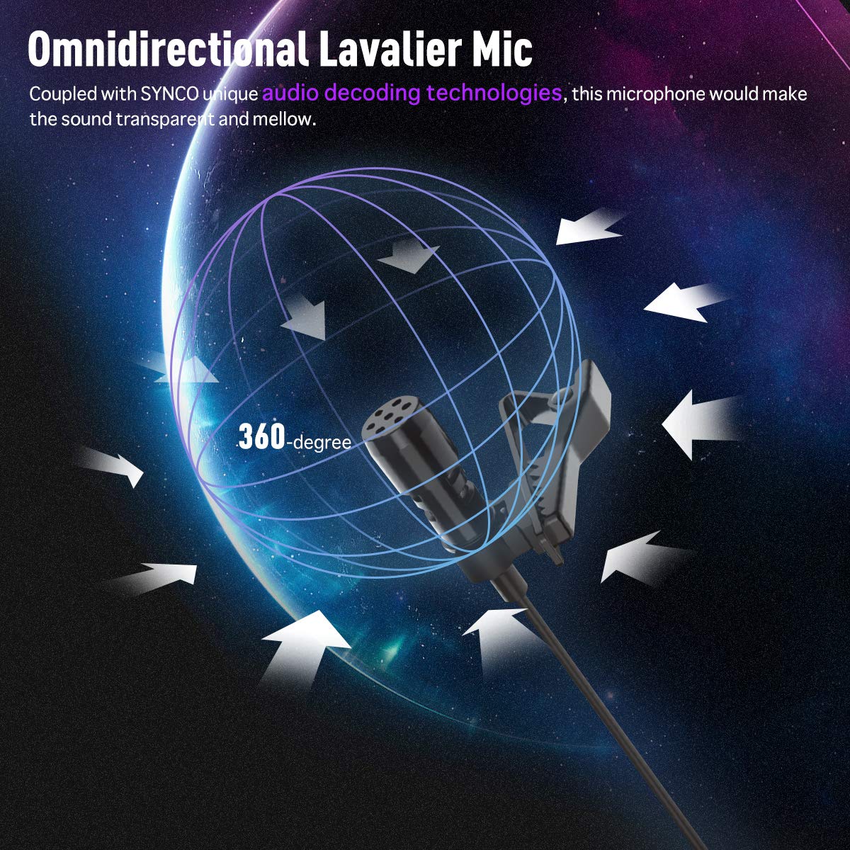 SYNCO Lav-S6M Lavalier Microphone, 3.5mm Audio-Monitor Port Clip-on Condenser Mic Support USB Charging, 6M/19.7 FT Cable Noise Reduction for YouTube, Interview, Conference, Live Broadcast