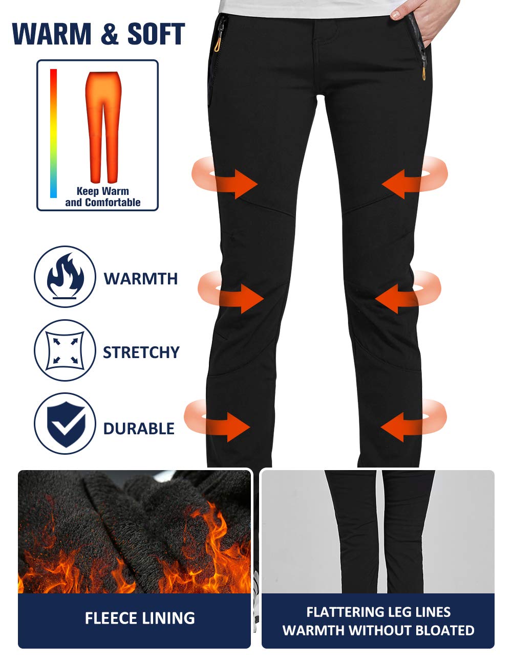 Camii Mia Women's Winter Warm Outdoor Slim Windproof Waterproof Ski Snow Fleece Hiking Pants (28W x 30L, Black)