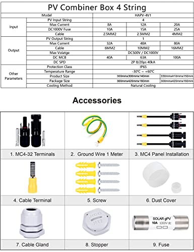 DIHOOL 4 String PV Solar Combiner Box for Solar Panels 10 Amp Fuse UV-Proof IP65 Waterproof Box DC500V