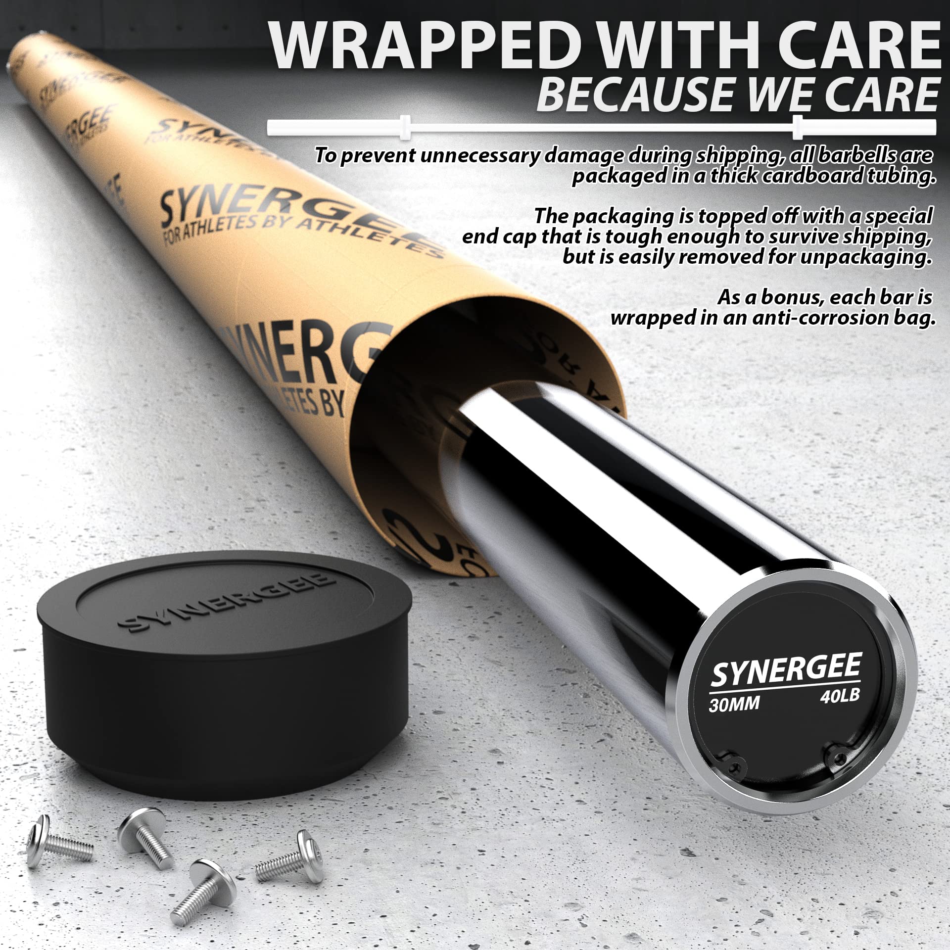 Synergee Essential 40lb Chrome Olympic Barbell. Great for Weightlifting, Powerlifting and Crossfit