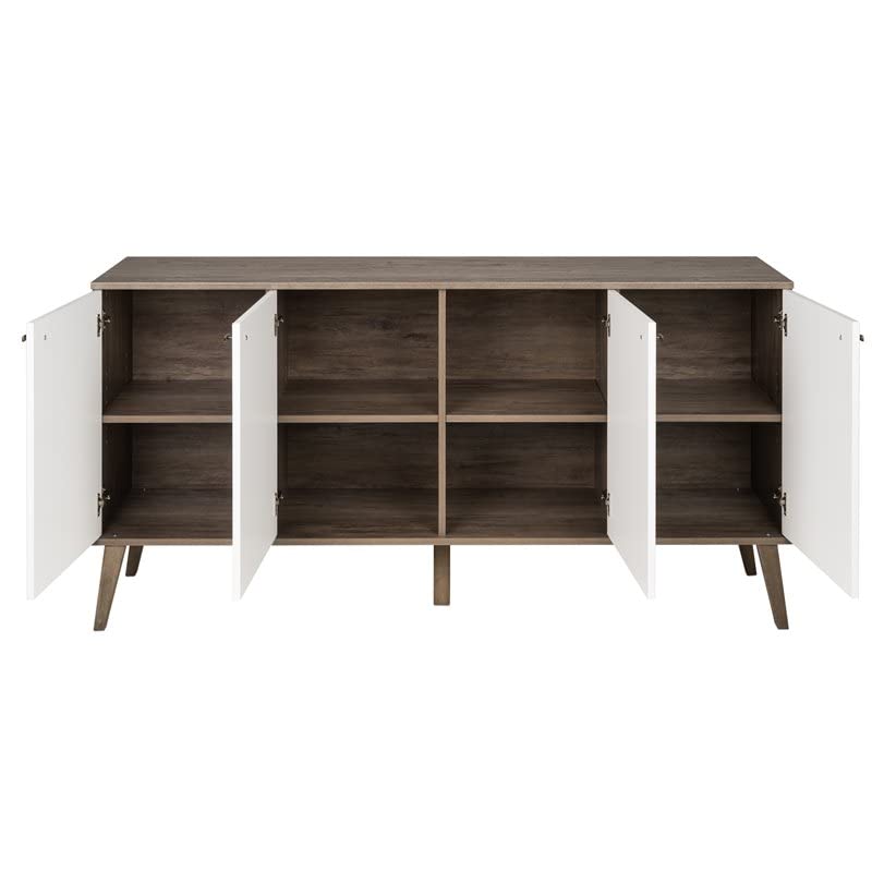 Prepac Milo Mid-Century 4 Door Buffet, 16" D x 64" W x 32" H, Drifted Gray/White