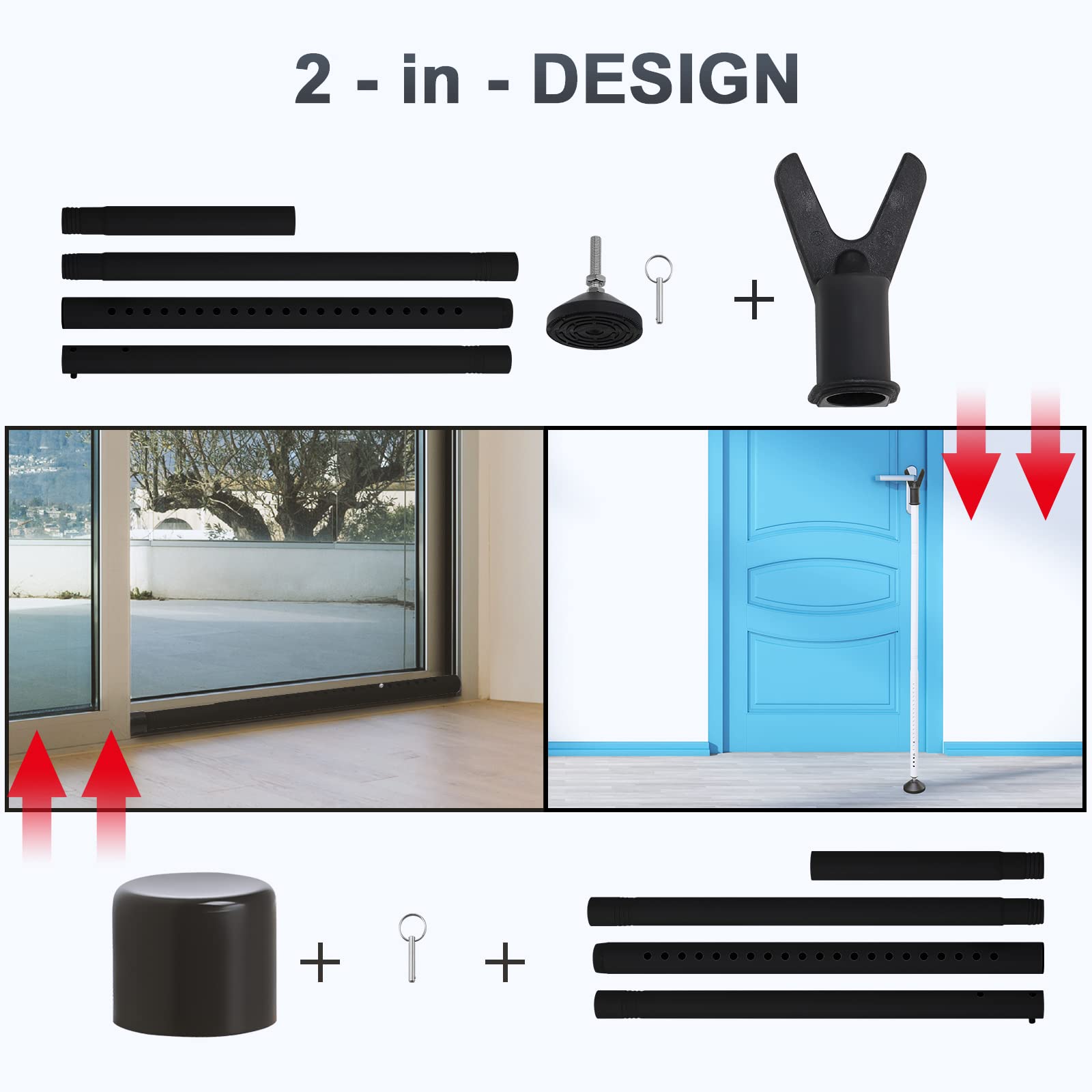CALCHELE 2-in-1 Door Security Bar & Door Stoppers Security Jammer Bar, Adjustable Window Doors Lock Security Bars for Sliding Glass Door, Window, Front Door, Patio Door, Apartment, Hotel Room, Black