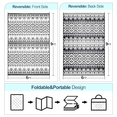 DiiKoo Outdoor Rug Mat for Patio, 6x9ft Waterproof Reversible Plastic Straw Rugs, Camping Carpet Area Mats for RV, Porch, Deck, Backyard, Balcony, Camper, Picnic, Beach, Trailer, Black & White