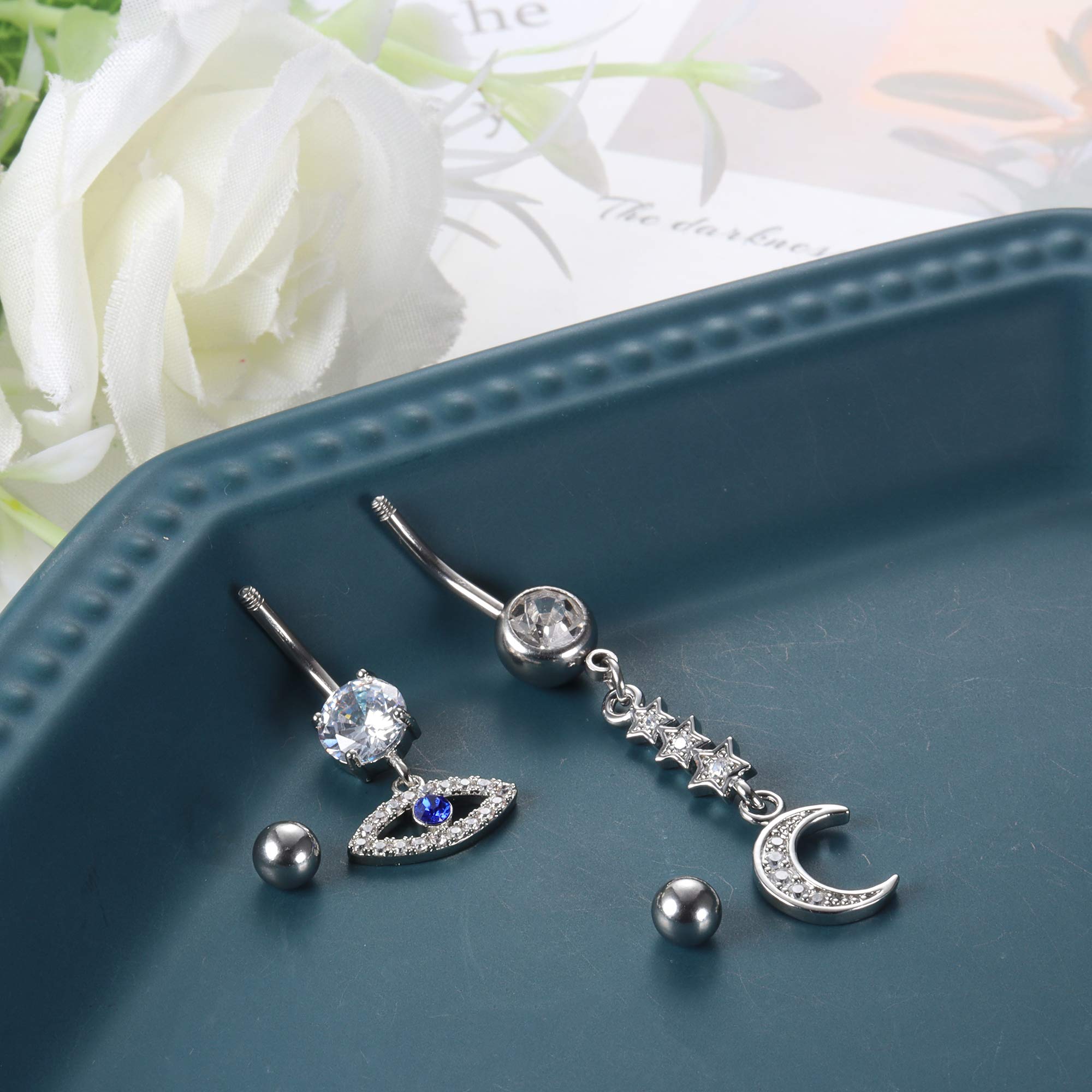 CASSIECA 14G Heart Belly Button Rings For Womens Stainless Steel Dangle Belly Ring Piercing, Cute Navel Ring Barbell Body Piercing Jewelry