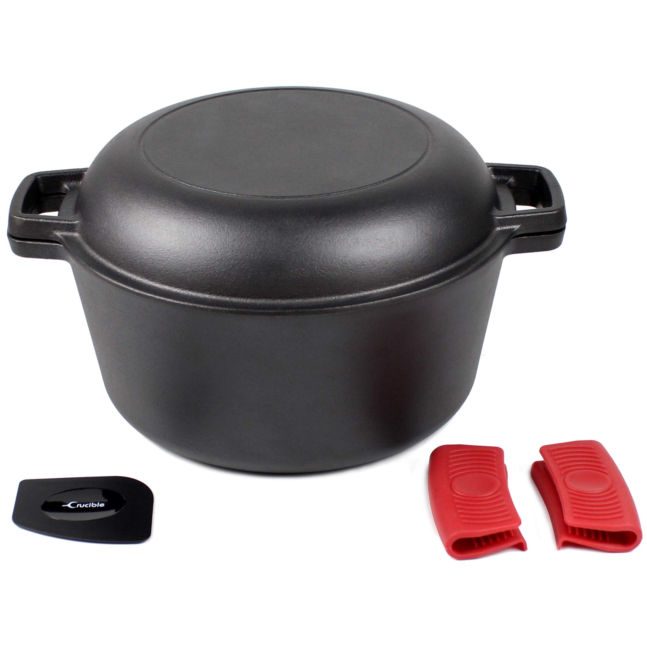 Cast Iron Dutch Oven with Skillet Lid - 10.23β diameter, 5 qt - Multi Cooker Stock Pot For Frying, Cooking, Baking & Broiling + 2 silicone potholders