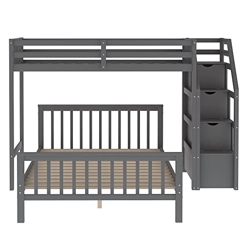 Goohome Twin Over Full Bunk Bed with Staircase, Wooden Twin Over Full Stairway Bunk Bed L Shaped Bunk Beds for Kids, Twin Loft Bed with Storage Drawers and Full Platform Bed, No Box Spring Needed