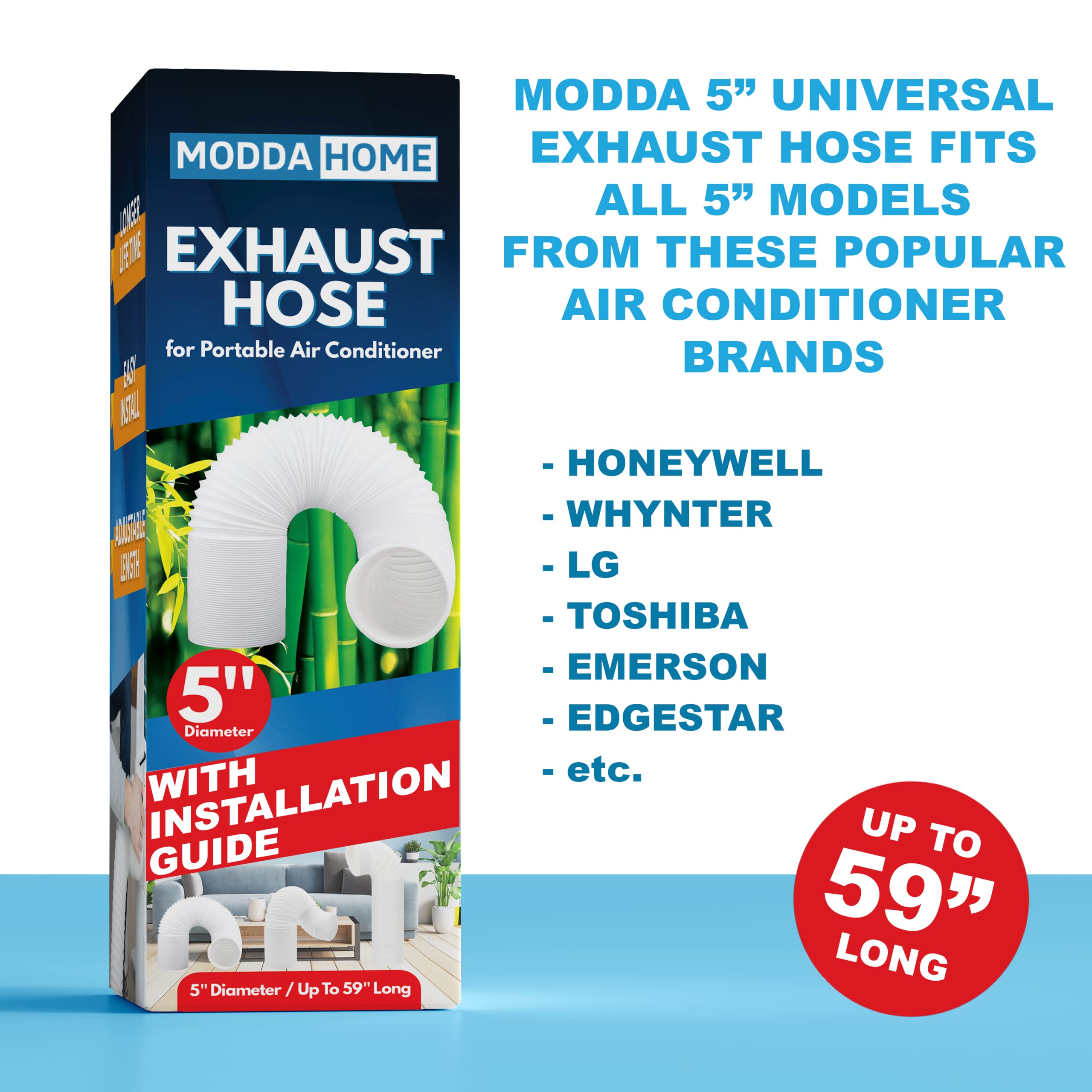 Modda Exhaust Hose for Portable Air Conditioner - 5 Inch Diameter - Universal - Flexible Counter-Clockwise AC Exhaust Hose (59 Inch Length)