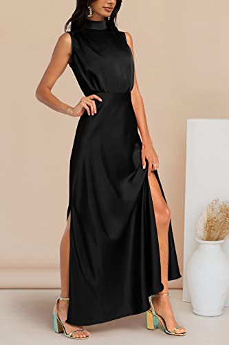 PRETTYGARDEN Women's Long Formal Satin Dress Mock Neck Sleeveless Side Slit Flowy Maxi Tank Dresses (Black,Medium)