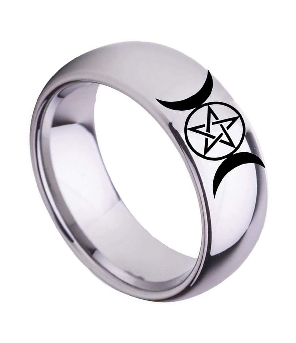 Castal Jewelry 8mm Stainless Steel Triple Moon Goddess High Polished Dome Engagement Wedding Ring Size 6-12 (Silver, 6)