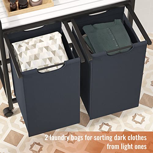 Homykic Laundry Hamper with Wheels, 100L Pull-Out Laundry Basket with Shelf, 2-Section Laundry Sorter Cart with Removable Laundry Bags 4 Hooks for Clothes, Bamboo Top and Metal Frame, White+Black
