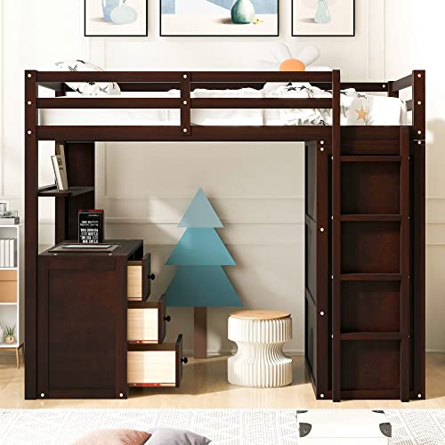 Harper & Bright Designs Twin Size Loft Bed with Desk and Wardrobe, Wood Loft Bed Frame with Storage Drawers and Full-Length Guardrails, High Loft Bed for Kids Teens Boys and Girls (Espresso)