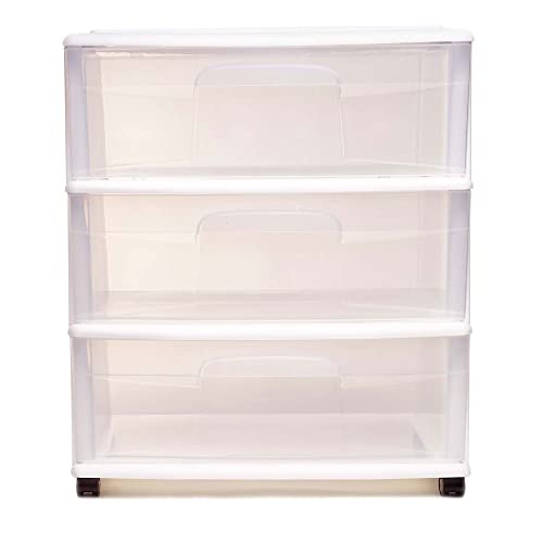 Homz Plastic 3 Clear Drawer Compact Home Rolling Storage Container Tower for Small to Medium Sized Items, White Frame (2 Pack)