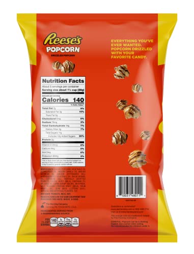 Reese's Popcorn, 5.25oz Grocery Sized Bag, Popcorn Coated in Chocolatey Drizzle and Peanut Butter Crème, Ready to Eat, Savory Snack, Sweet and Salty Snacks