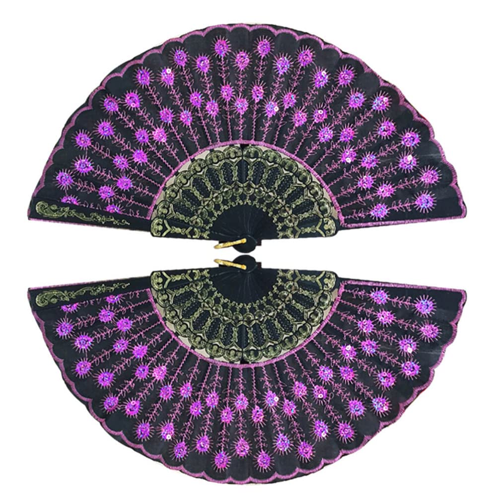 DECHOUS 2pcs Embroidered Sequin Fan Dancing Fans Hand Fans for Women Foldable Fan Sequin Fabric Hand Fan Embroidered Sequin Handheld Fan Folding Fan Vintage Miss The Fabric Purple