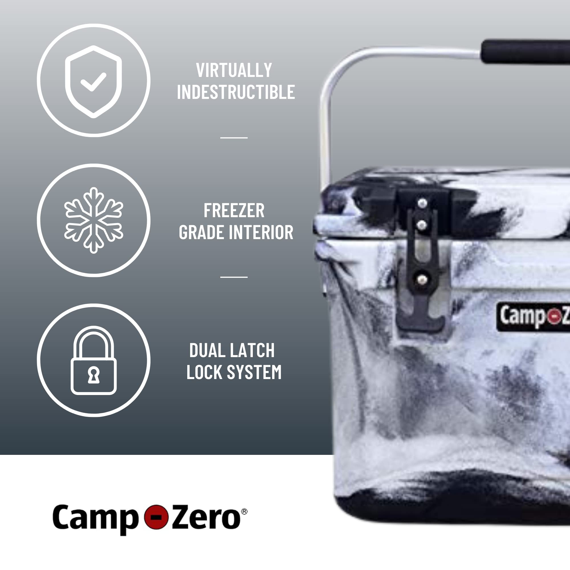 CAMP-ZERO 20L | 21.13 Quart Premium Cooler with 4 Molded-in Cup Holders & Folding Aluminum Handle | Thick Walled, Freezer Grade Cooler w/Secure Locking System & Tie Down Channels (Black Swirl)