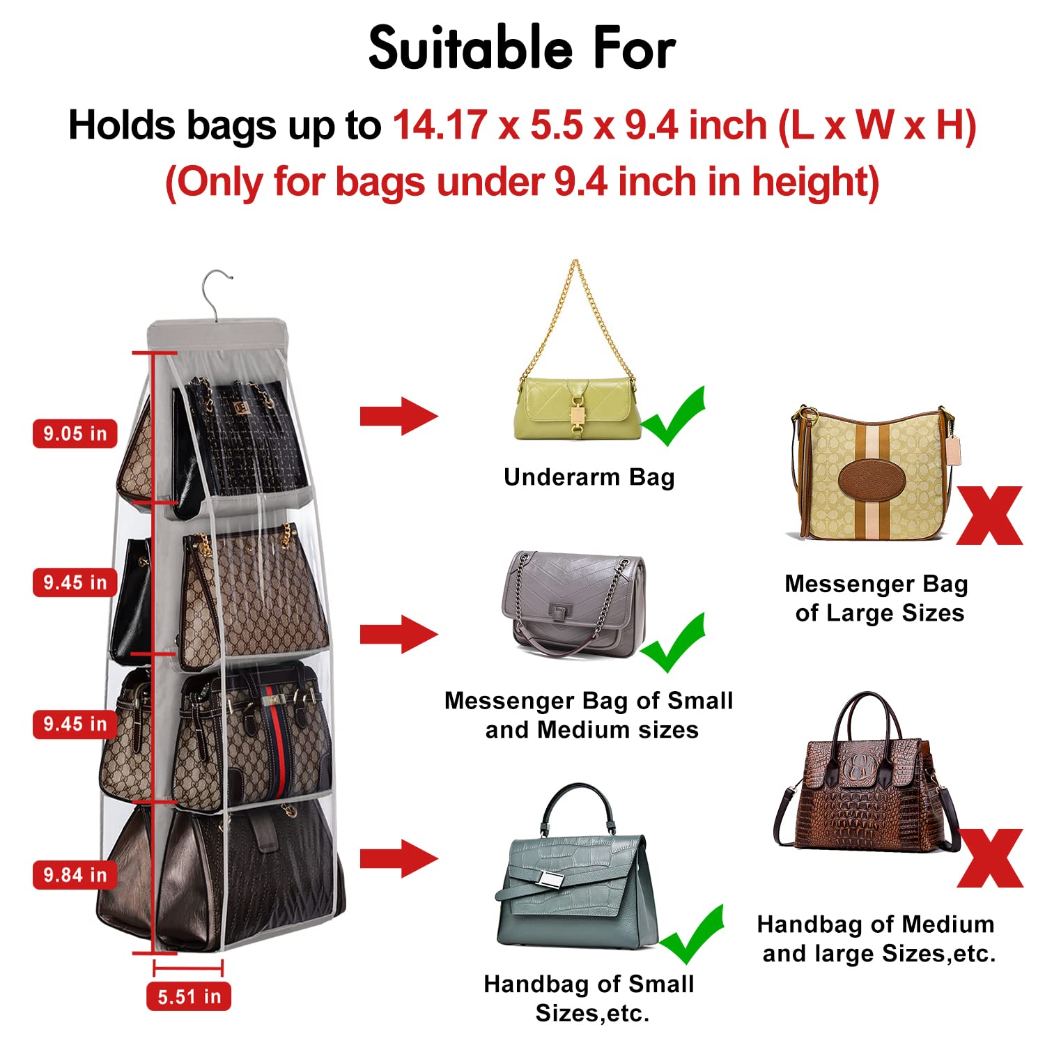 Lirex Handbag Hanging Purse Organizer for Closet, 8 Pocket Handbag Storage Organizer Hanger Oxford Cloth Closet Organizer for Family Closet Bedroom, Foldable and Universal Fit, Grey