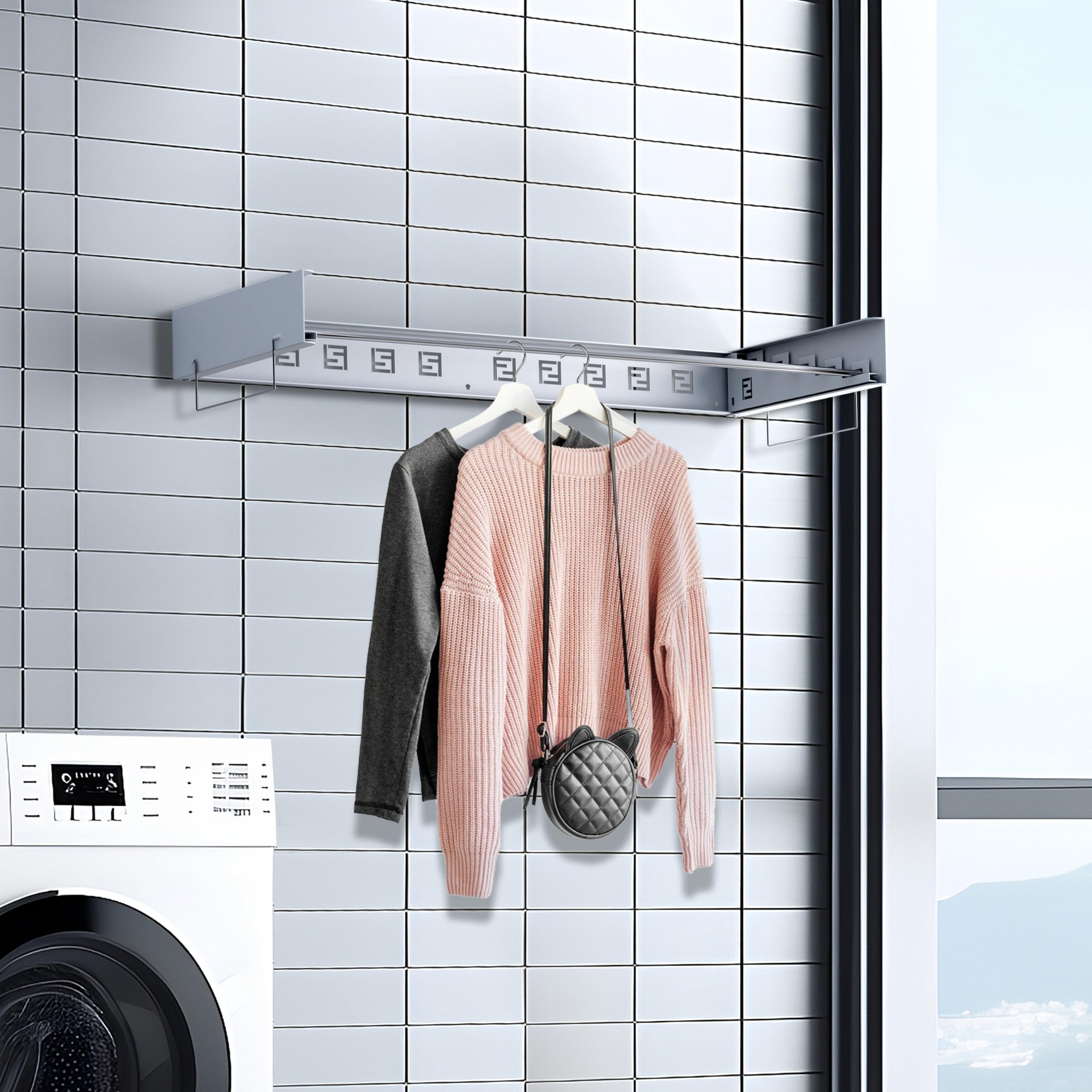 GOOUQA Clothes Drying Rack Collapsible Wall Mounted, 31.5" Wide Space Saving Retractable Drying Rack Laundry Clothing with Wall Template, 13.2 Linear Ft, 60 lb Capacity, White