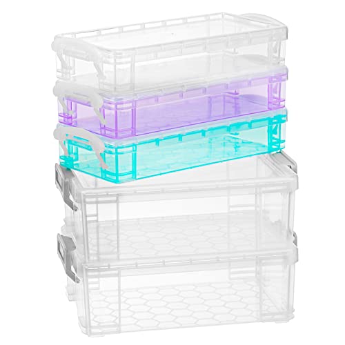 LABUK 5 Pack Plastic Pencil Boxes, Mixed Size Storage Boxes with Lids Stackable Clear Organizer Containers for Stationery Toys Crafts Storage, School Office Supplies