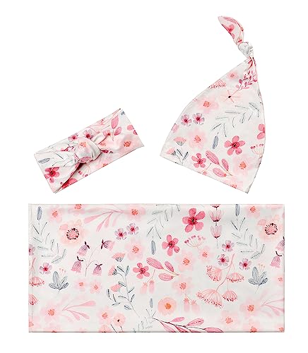 Terriboo Newborn Receiving Blanket and Headband Set Flower Print Baby Swaddle Wrap Floral (Pink 2)